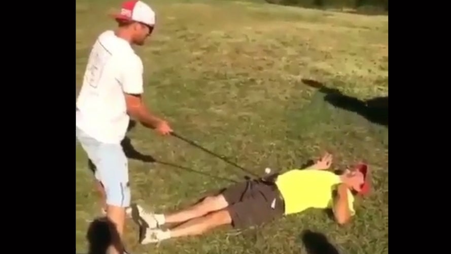 Boy hits a great golf shot, no ifs, ands or butts about it