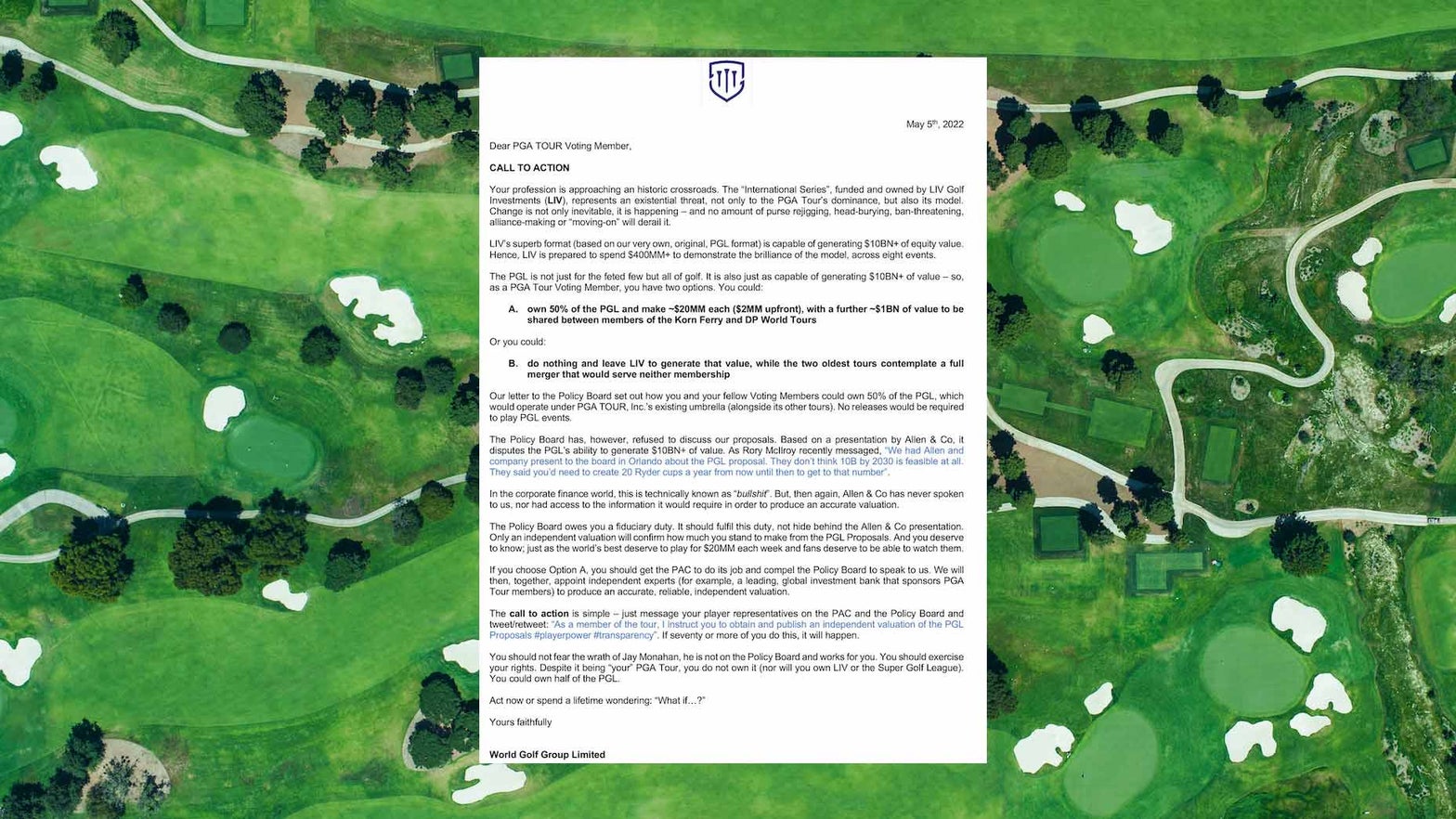 PGL's new letter to Tour pros claims $10 billion value, demands evaluation