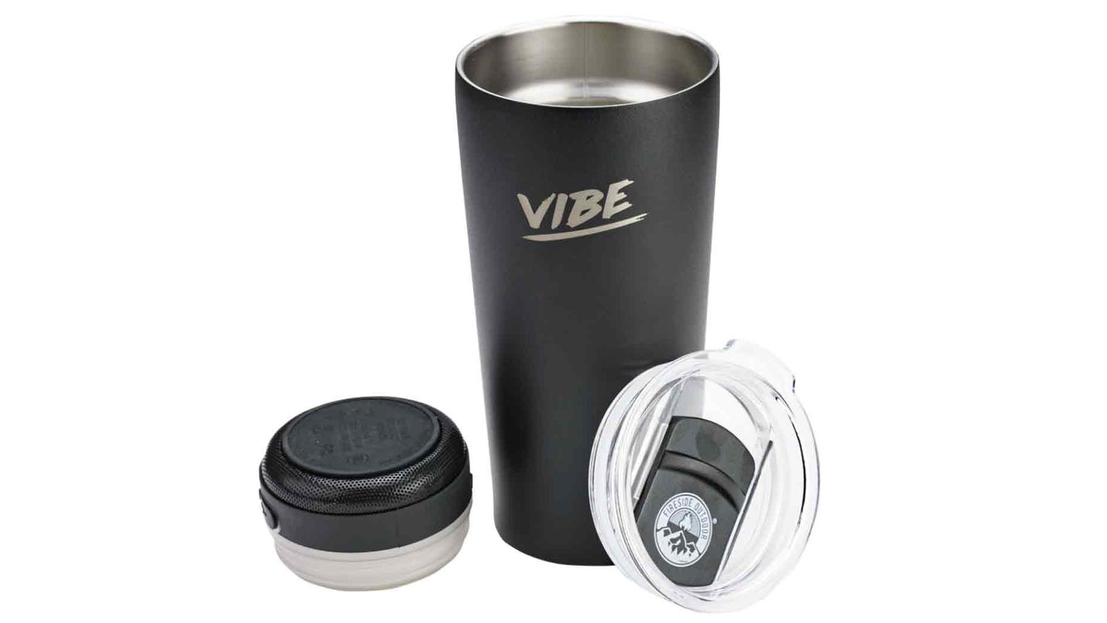 This insulated cup includes a removable waterproof Bluetooth speaker