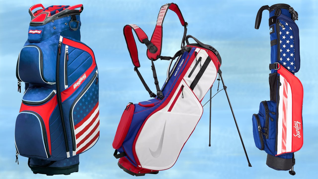 5 patriotic golf bags dripping red, white and blue for the USA