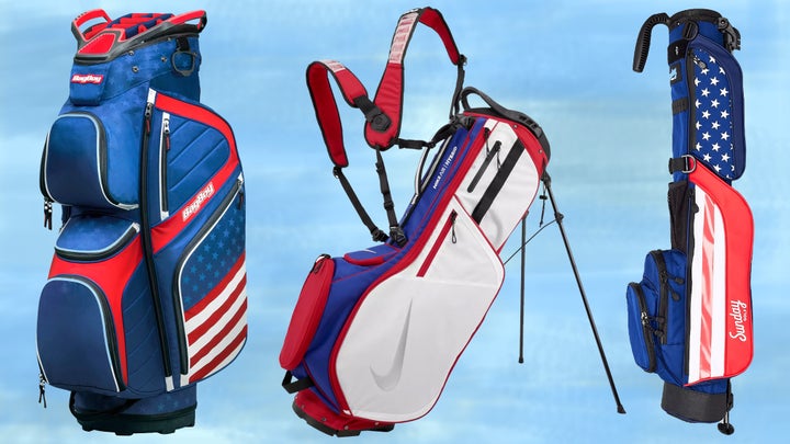 5 patriotic golf bags dripping red, white and blue for the USA
